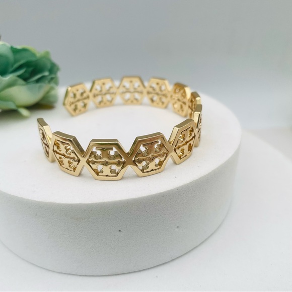 Tory Burch | Jewelry | Tory Burch Hex Frozen Logo Cuff Bracelet In Gold | Poshmark